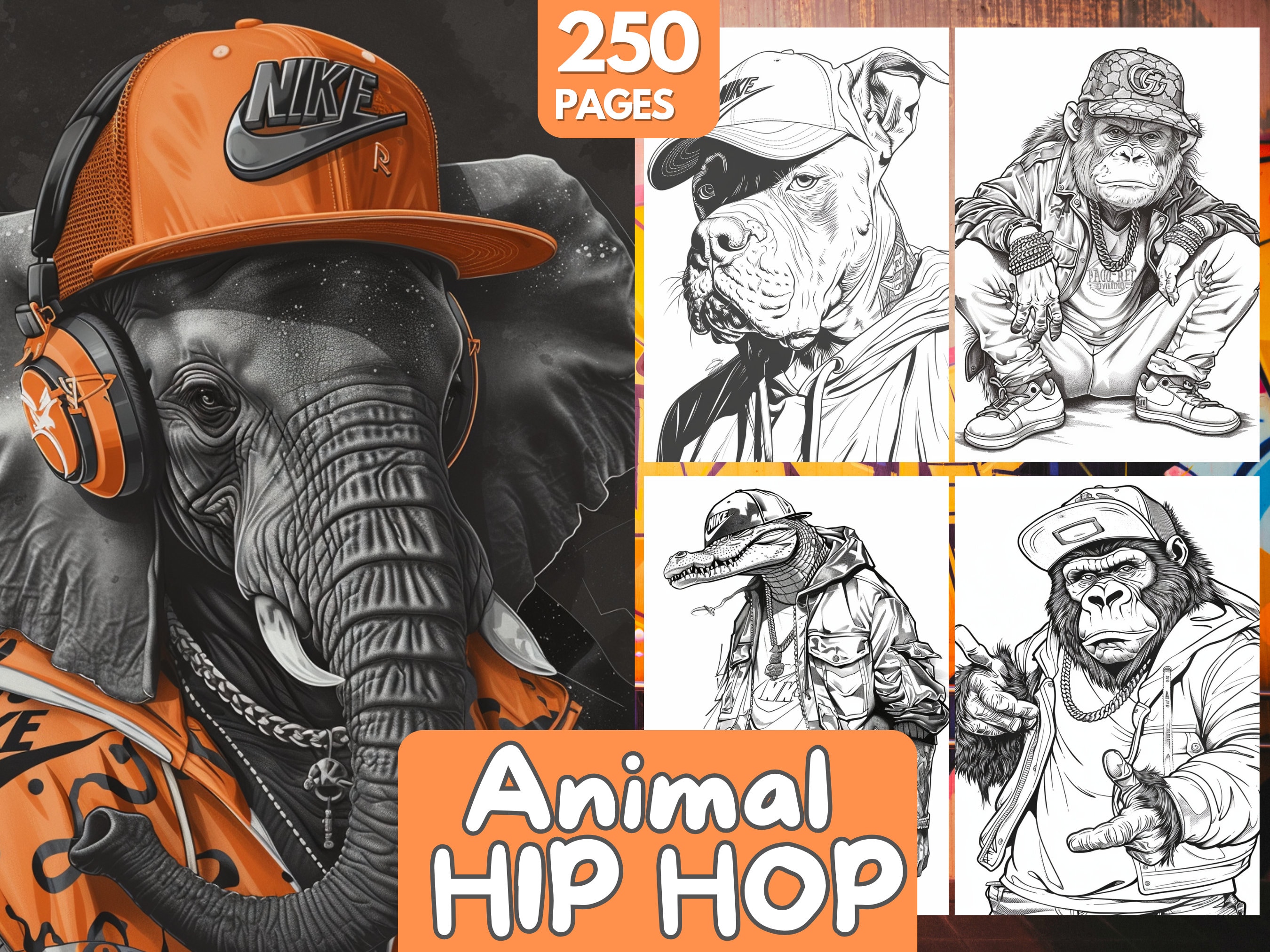 Hip Hop Coloring Book, 250 Pages, Animal Hip Hop, Animal Coloring Pages ...