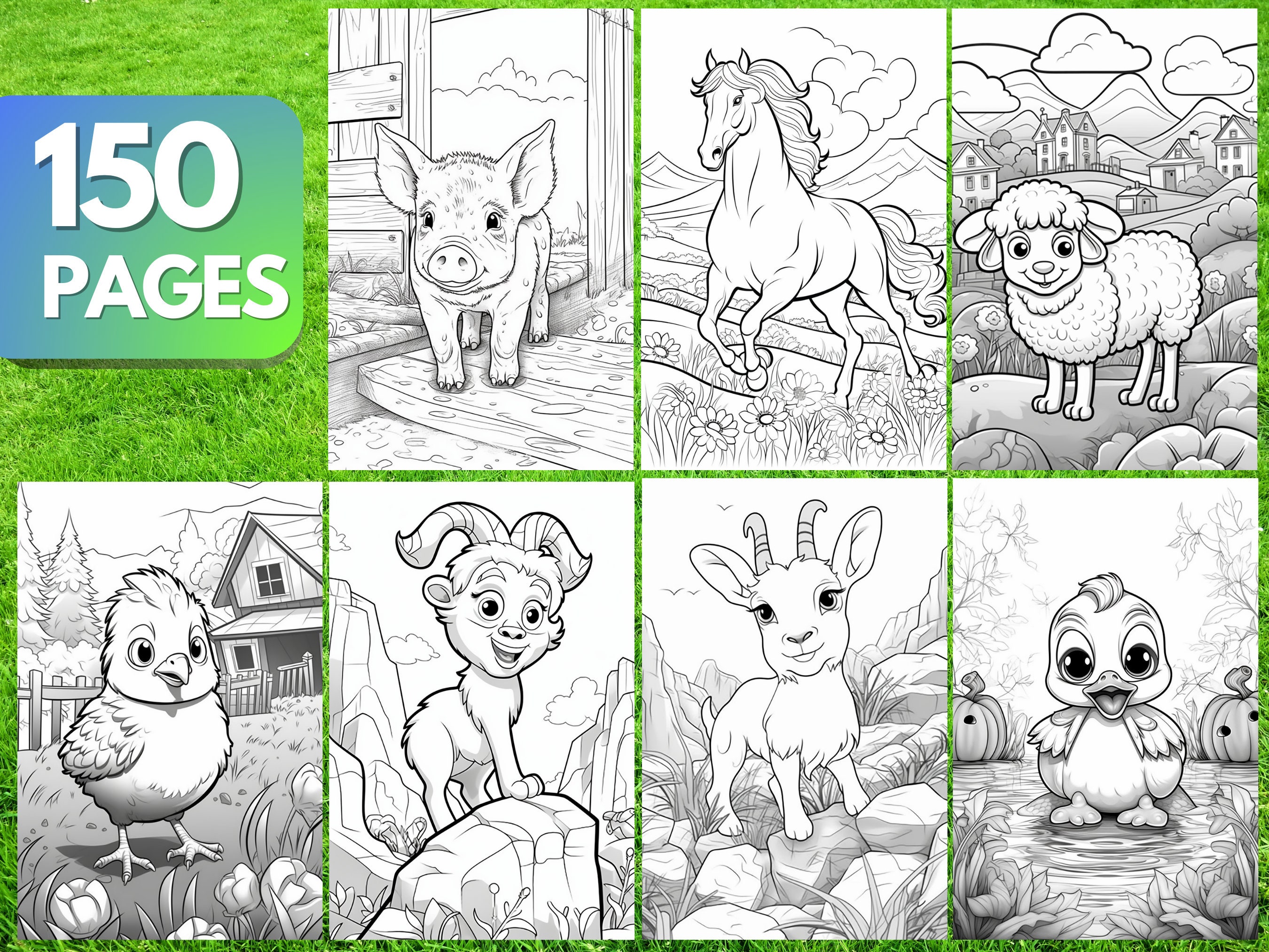 Cute Farm Animals Coloring Book, 150 Pages, Farm Friends Coloring Pages ...