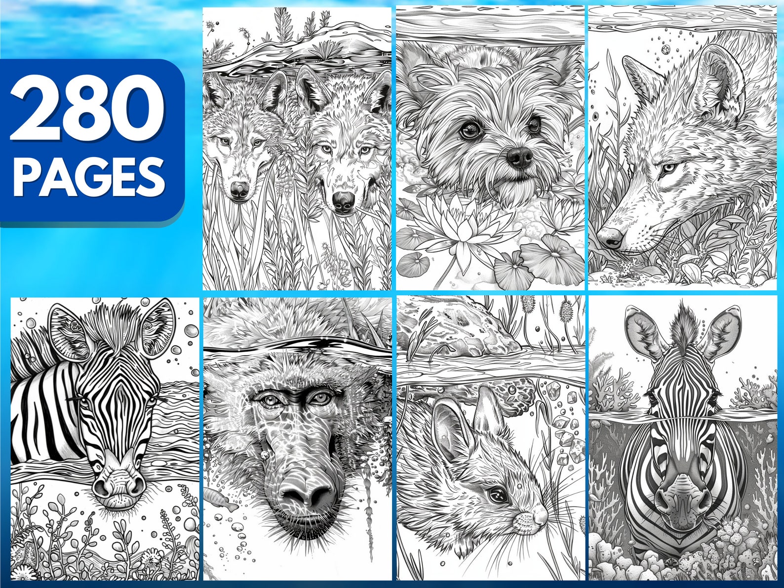 Animals Under Water Coloring Book, 280 Pages, Animals in Water, Animal ...