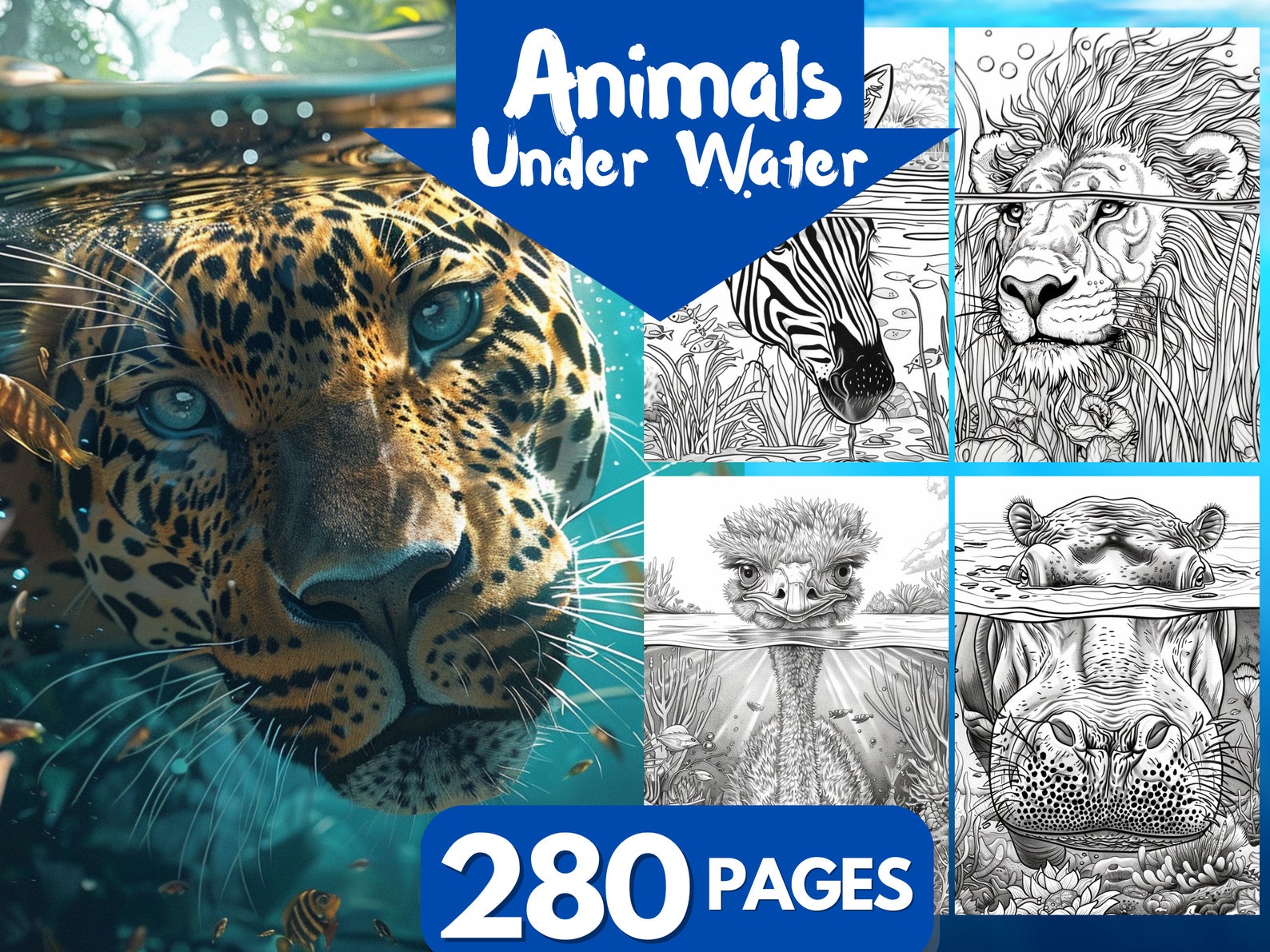 Animals Under Water Coloring Book, 280 Pages, Animals in Water, Animal ...