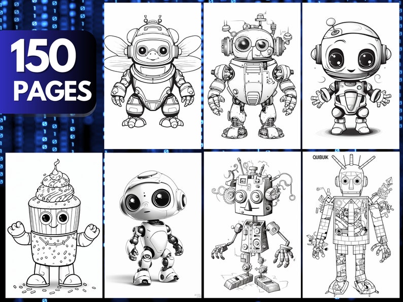 Cute Robots Coloring Book, 150 Pages, Cute Robots Coloring Pages, AI ...