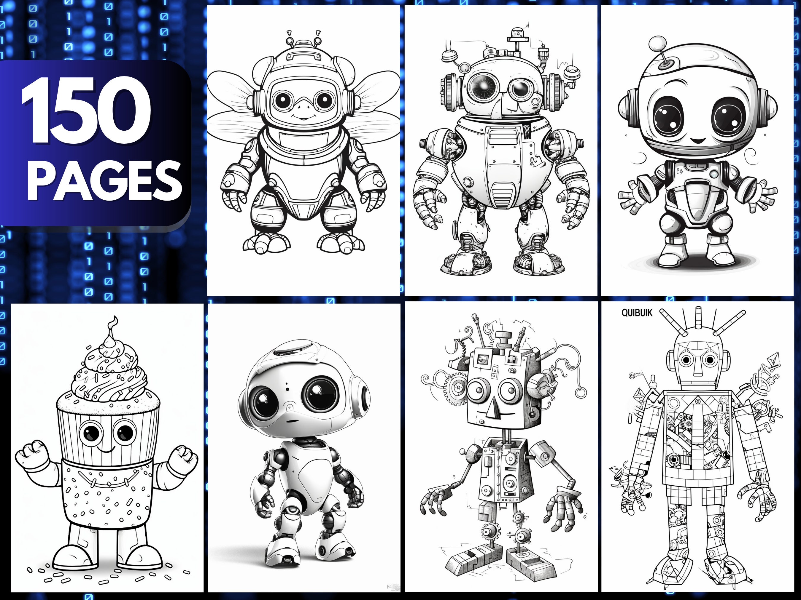 Cute Robots Coloring Book, 150 Pages, Cute Robots Coloring Pages, AI ...