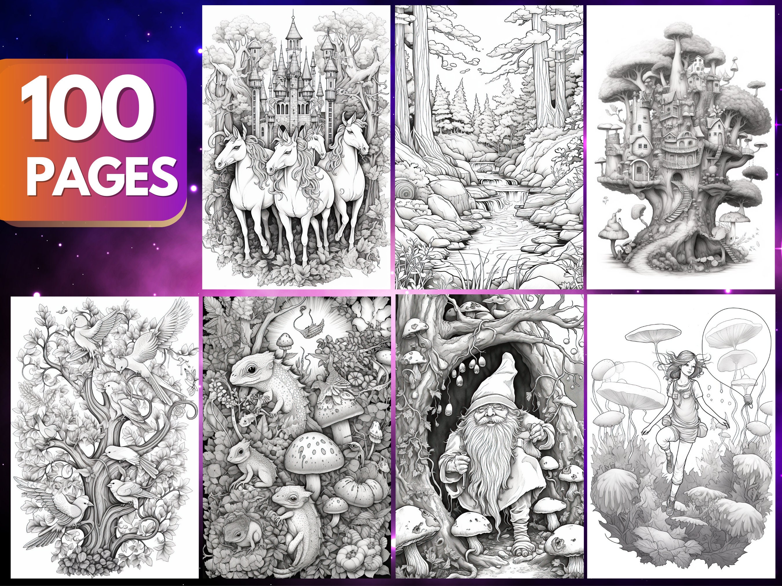 Enchanted Forest Coloring Book, 100 Pages, Enchanted Forest Coloring ...