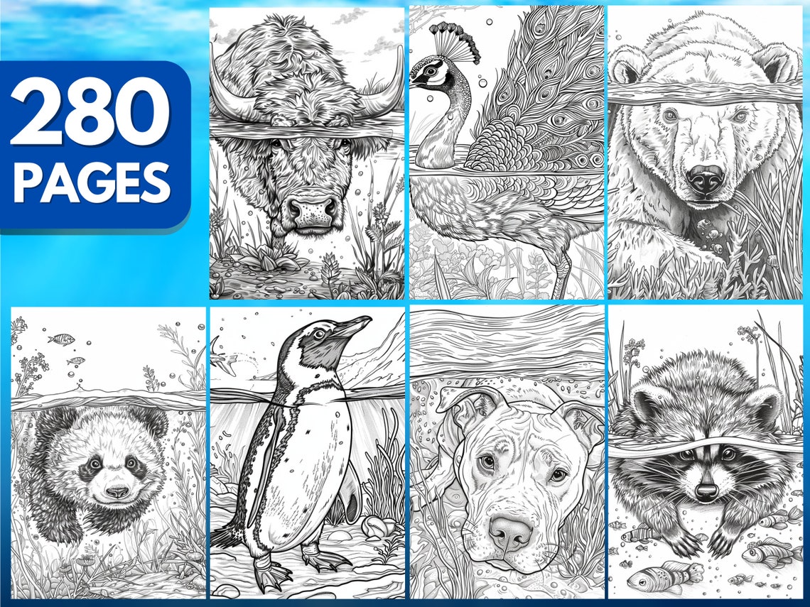 Animals Under Water Coloring Book: 280 Page Wetland Wildlife (PDF) - Etsy