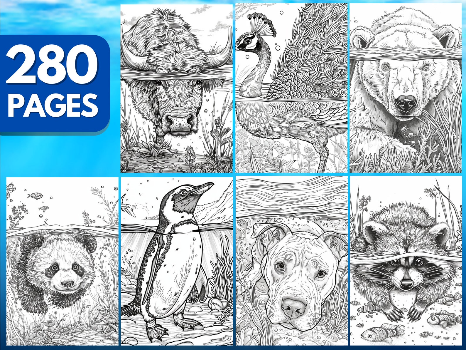 Animals Under Water Coloring Book, 280 Pages, Animals in Water, Animal ...