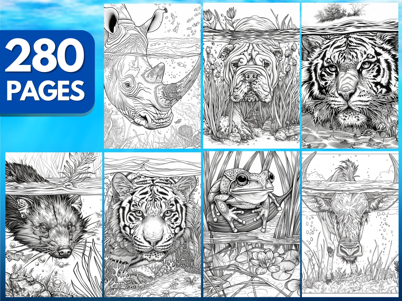 Animals Under Water Coloring Book, 280 Pages, Animals in Water, Animal ...