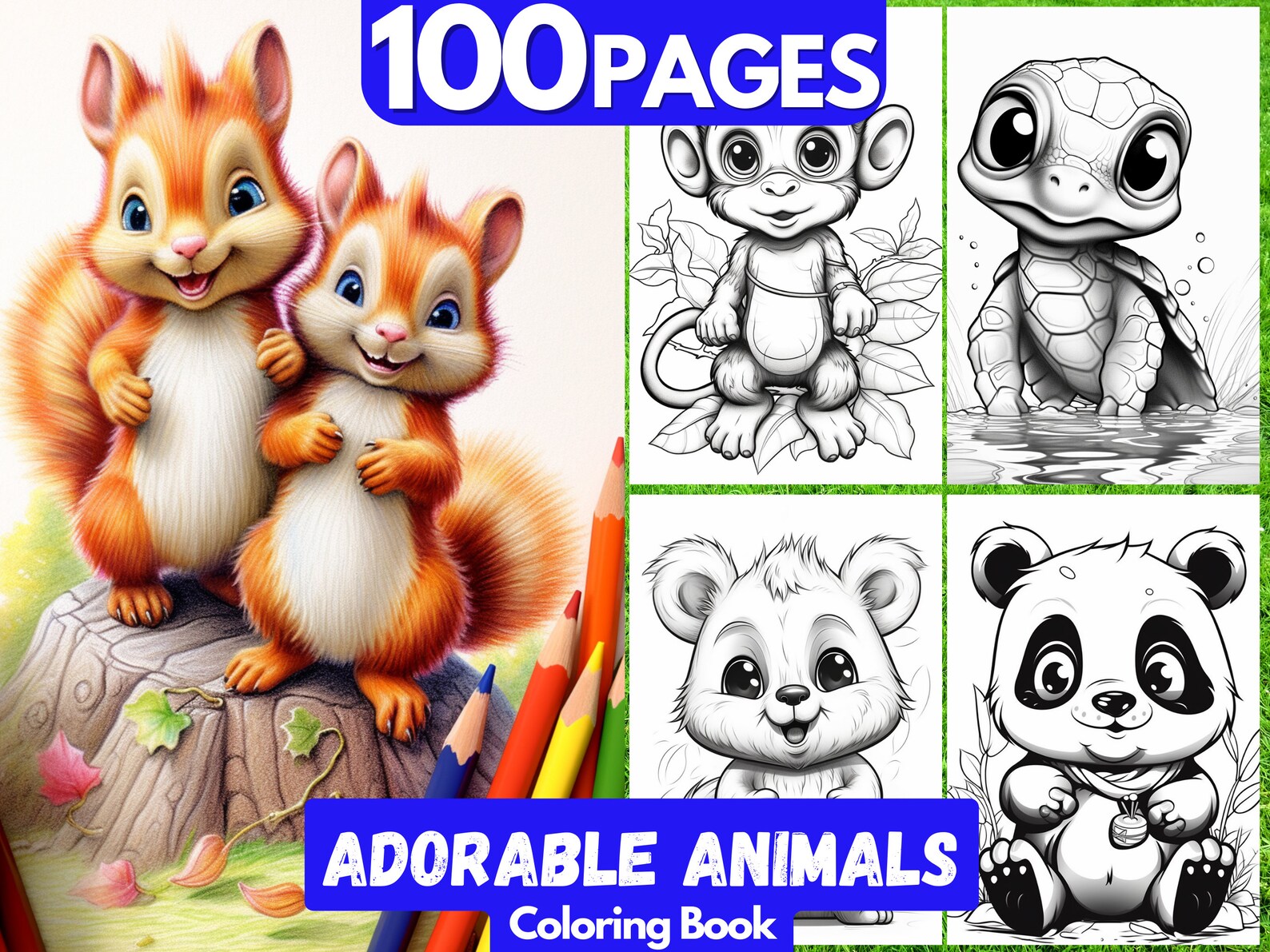 Adorable Animals Coloring Book, 100 Pages, Cute Animals Coloring Pages ...