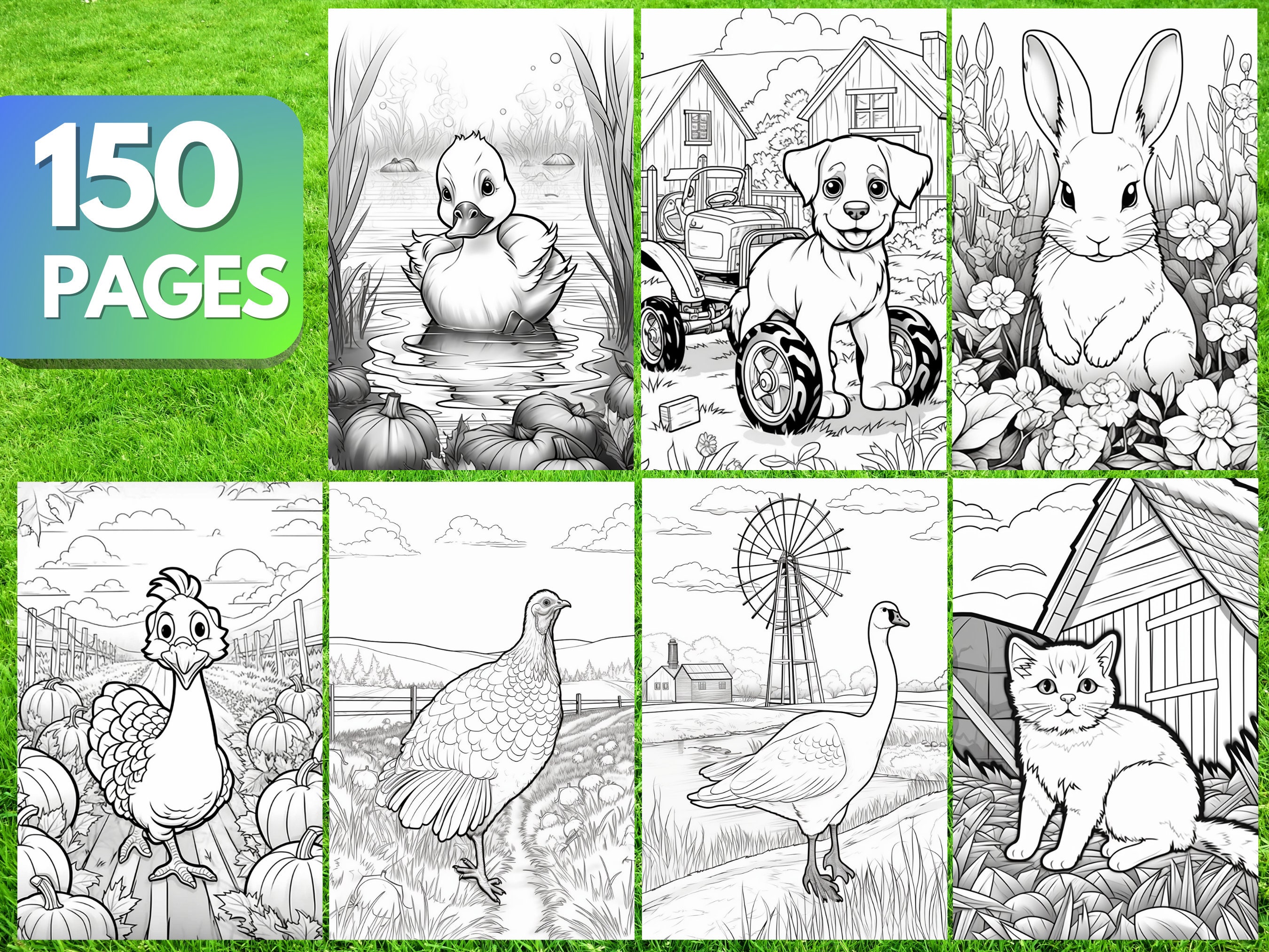 Cute Farm Animals Coloring Book, 150 Pages, Farm Friends Coloring Pages ...