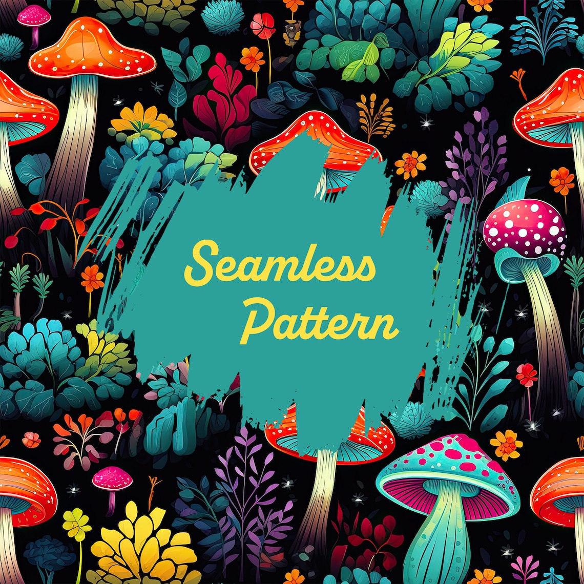 Dark Cottagecore Seamless Texture Neon Pattern, Vibrant Cartoon ...