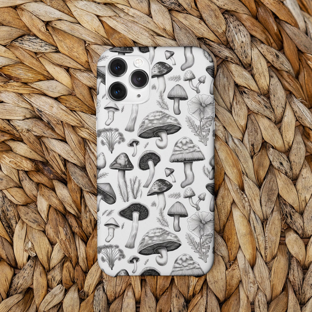Hand Drawn Monochrome Mushroom Phone Case - Boho Nature-inspired Design ...