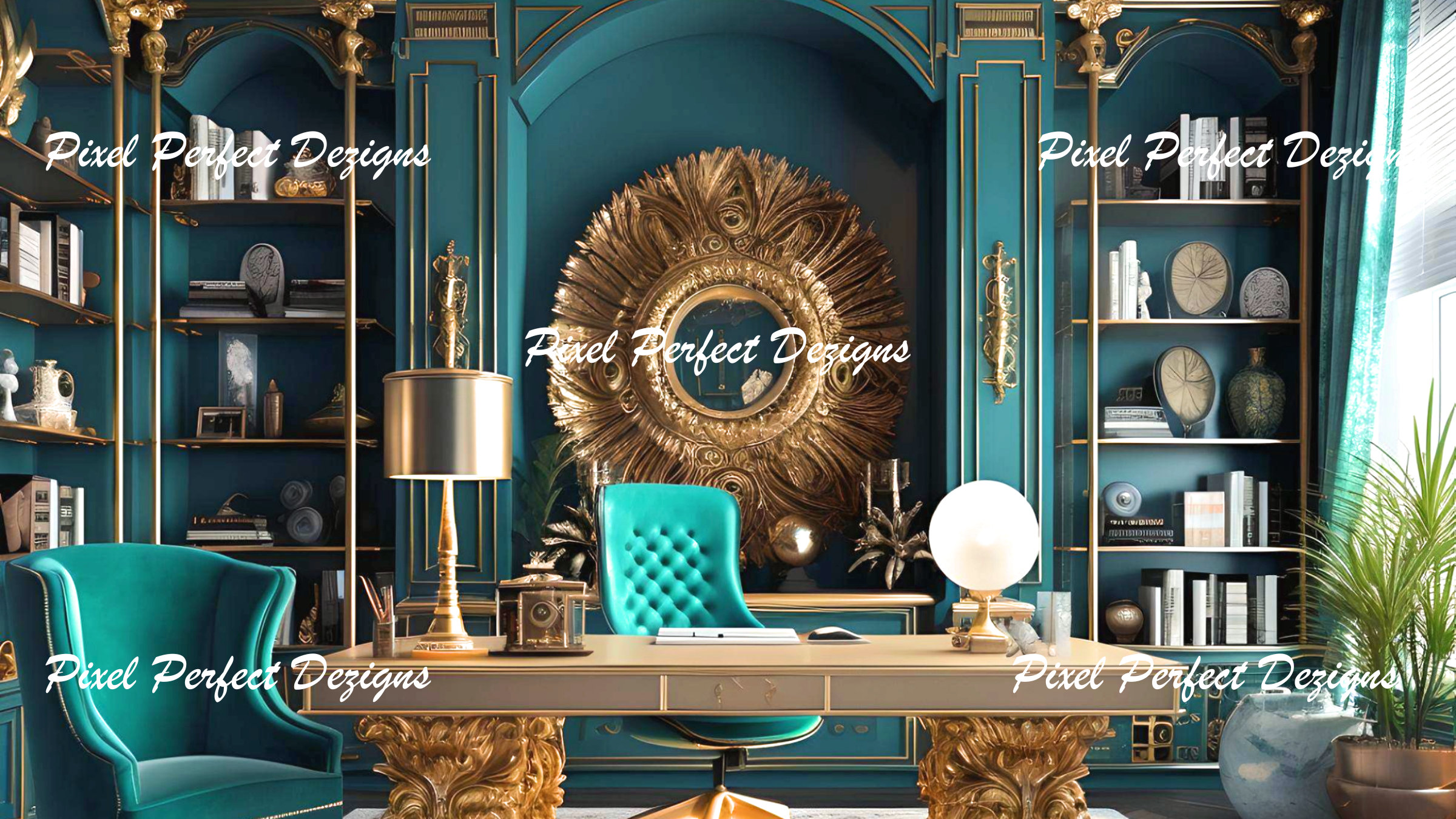 Luxury, Teal and Gold, Rich, Ornate, CEO Office Zoom, Microsoft Teams ...