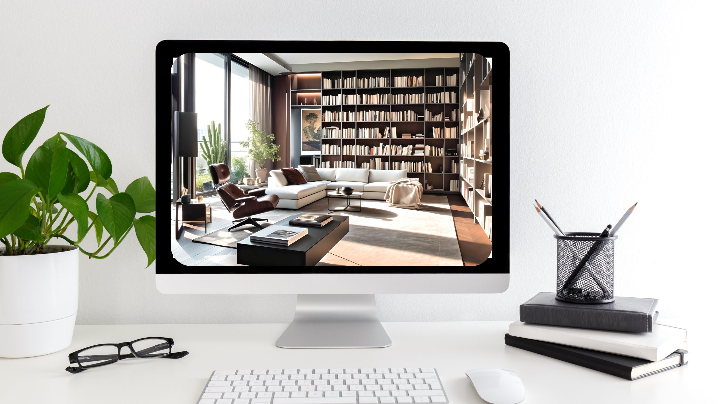 Luxury, Modern Office or Study With Bookshelf Zoom Background ...