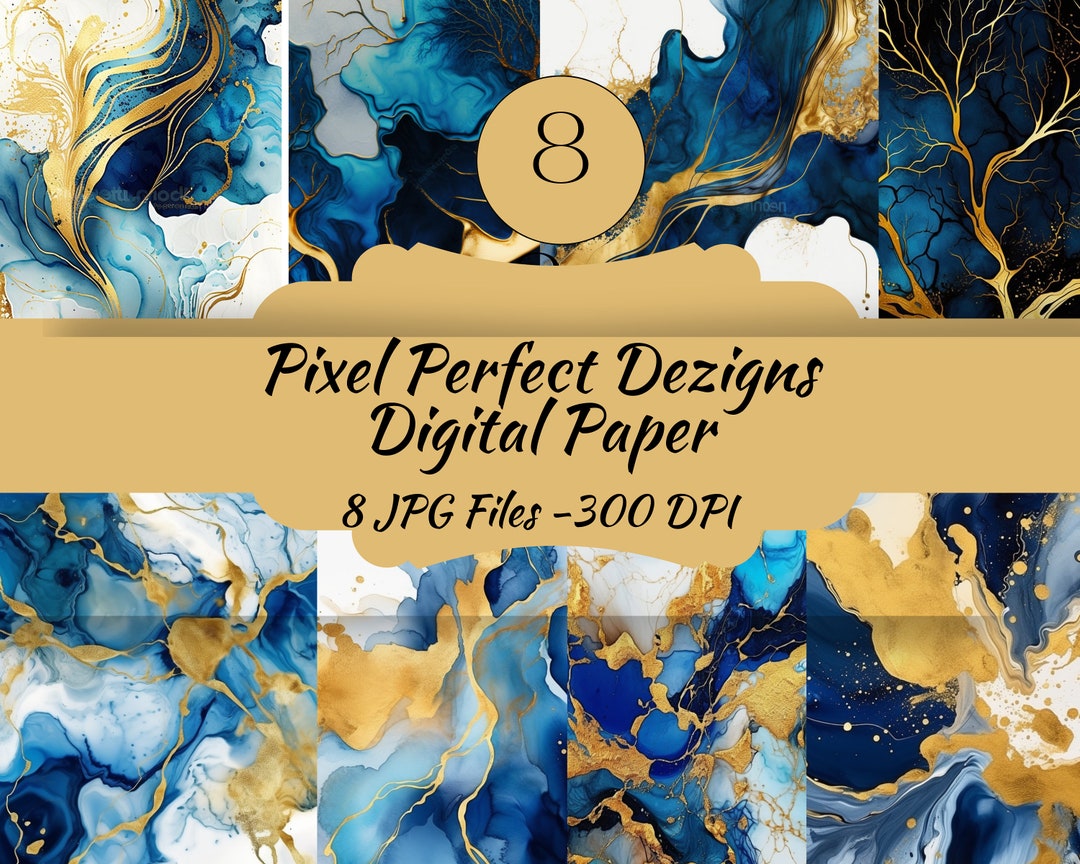 Blue and Gold Marble Digital Paper, Backgrounds, Printable Scrapbook ...