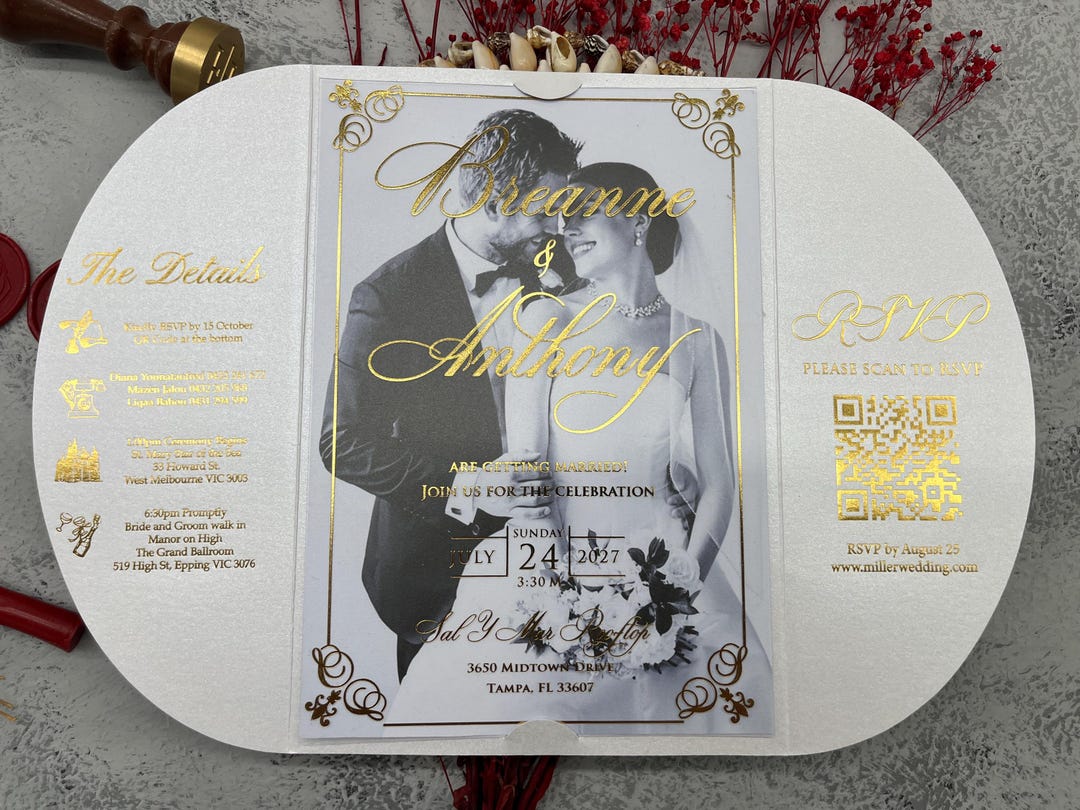 Gilded Acrylic Wedding Invitation: Glitter White, Gold Wax Seal, Dried ...