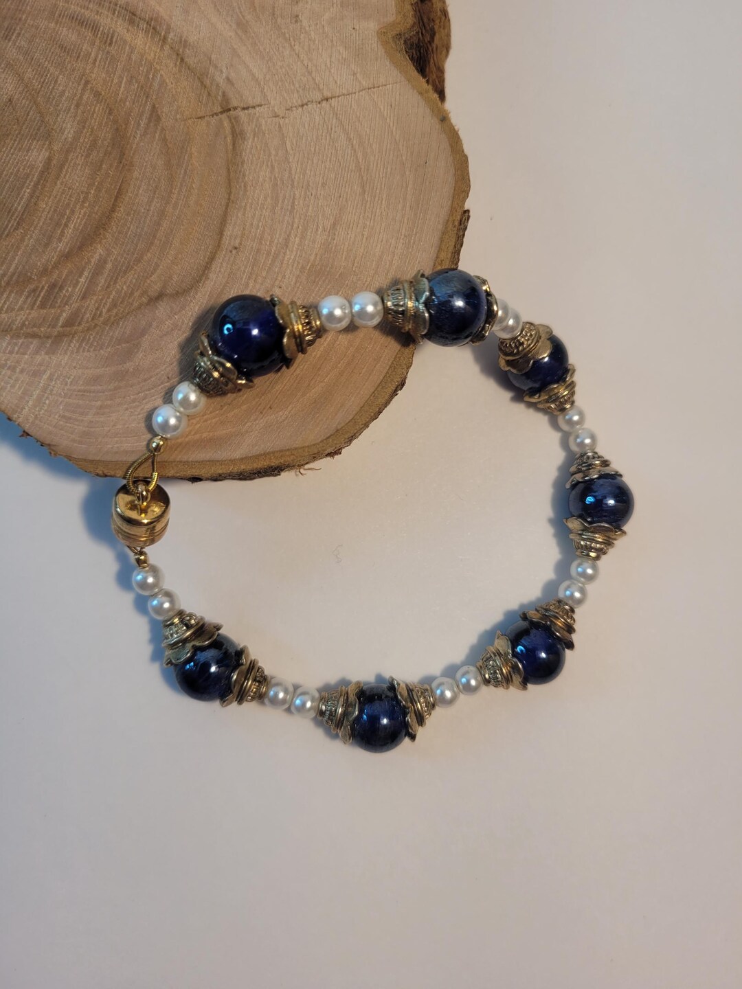 Handcrafted Cobalt Blue Glass Bead Bracelet: Gold Accents, Magnetic ...