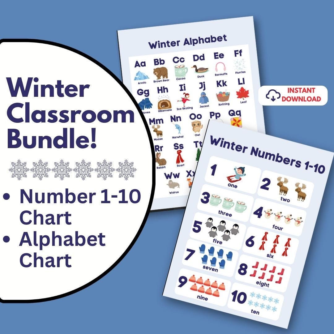 Winter Printable Learning Numbers Chart 1-10 + Alphabet Chart Poster ...