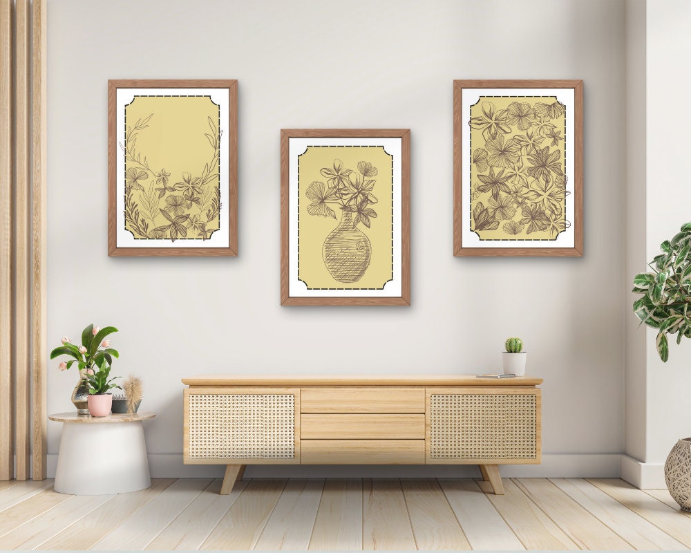 Green Floral Lines Trio PRINTABLE Abstract Flowers Digital Art ...