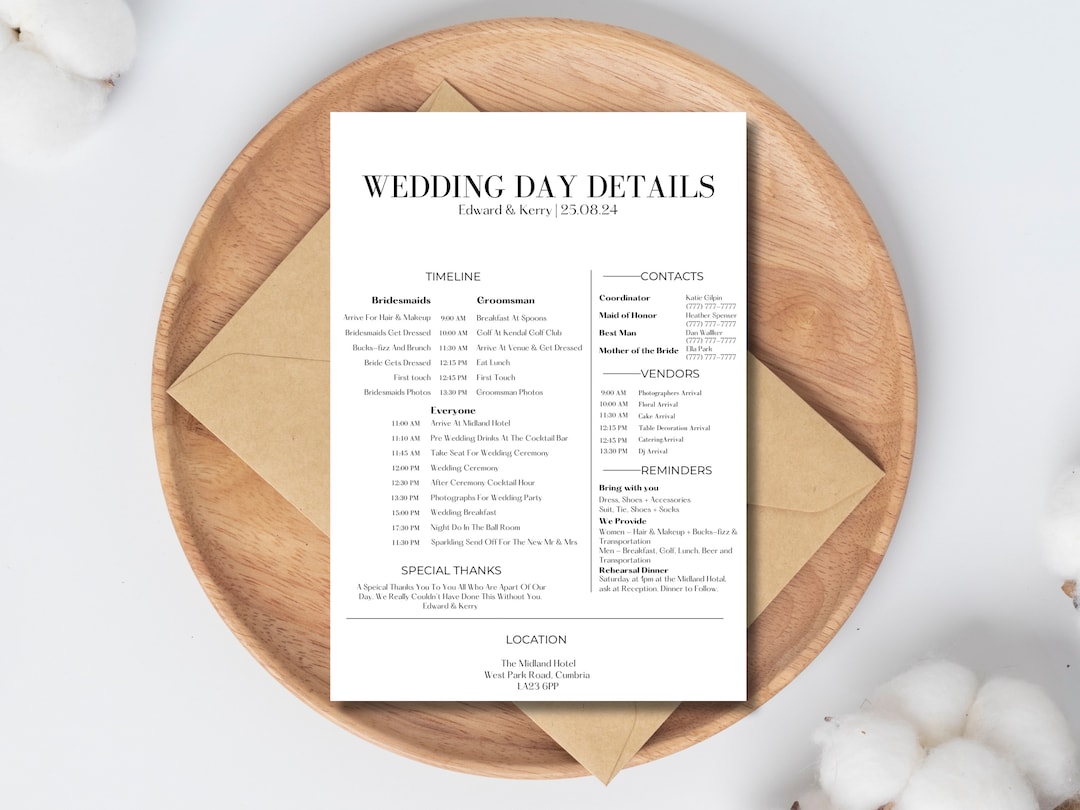 Editable Wedding Day Timeline Template Reception, Bridal Party Agenda ...