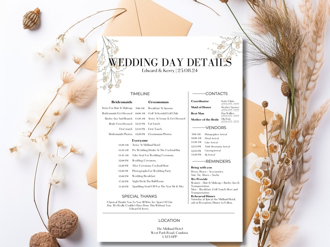 Editable Wedding Day Timeline Template Reception, Bridal Party Agenda ...