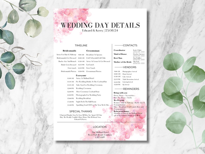 Editable Wedding Day Timeline Template Reception, Bridal Party Agenda ...