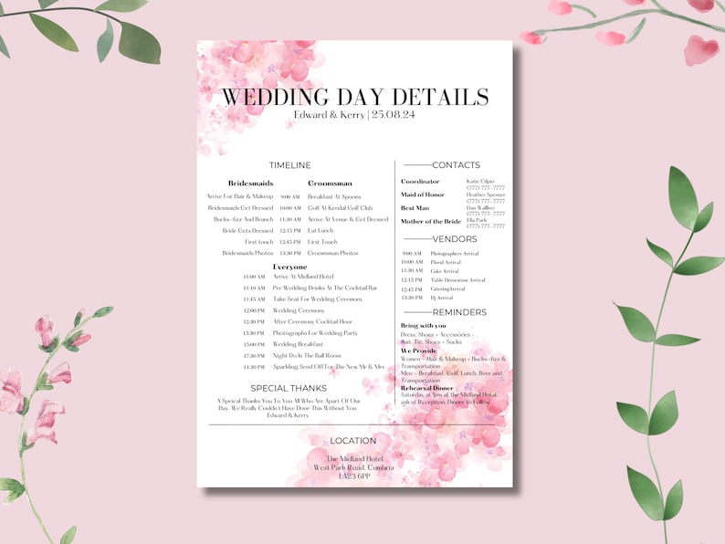 Editable Wedding Day Timeline Template Reception, Bridal Party Agenda ...