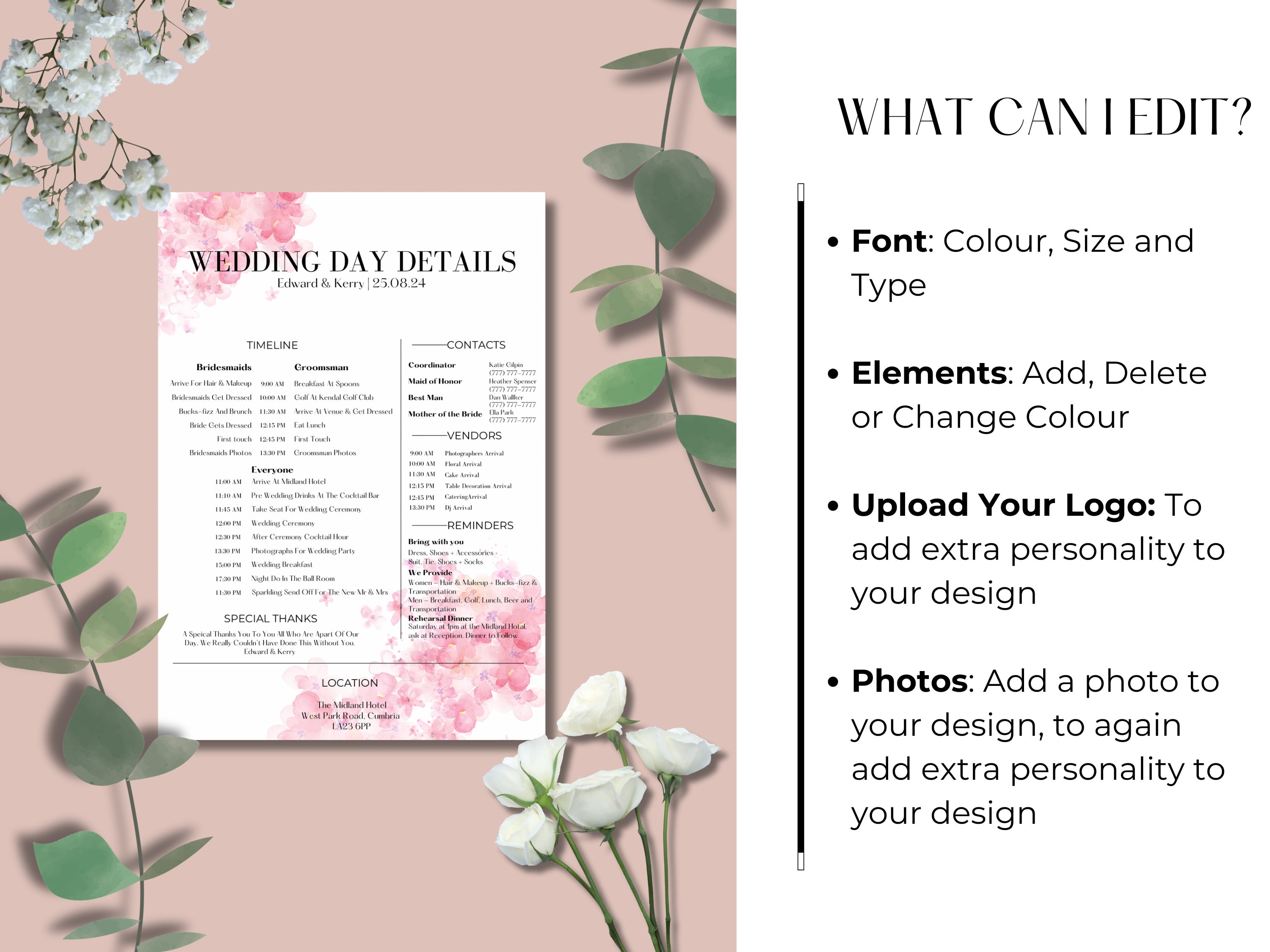Editable Wedding Day Timeline Template Reception, Bridal Party Agenda ...