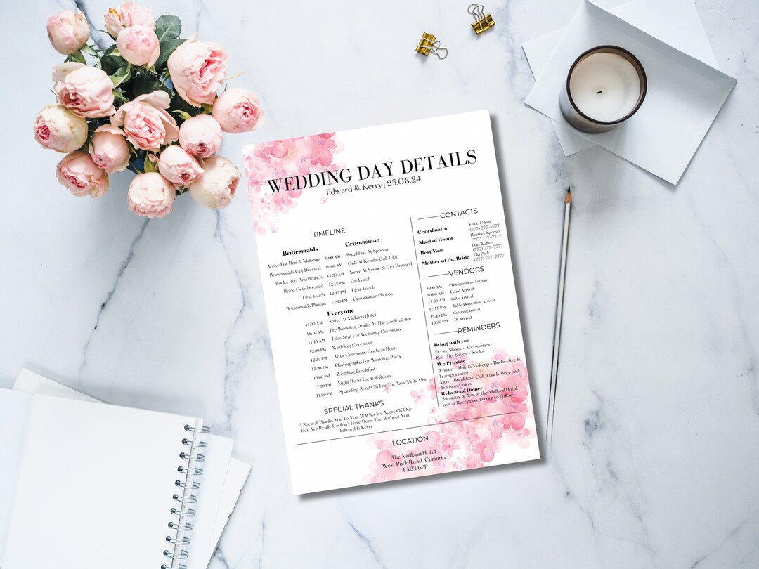 Editable Wedding Day Timeline Template Reception, Bridal Party Agenda ...