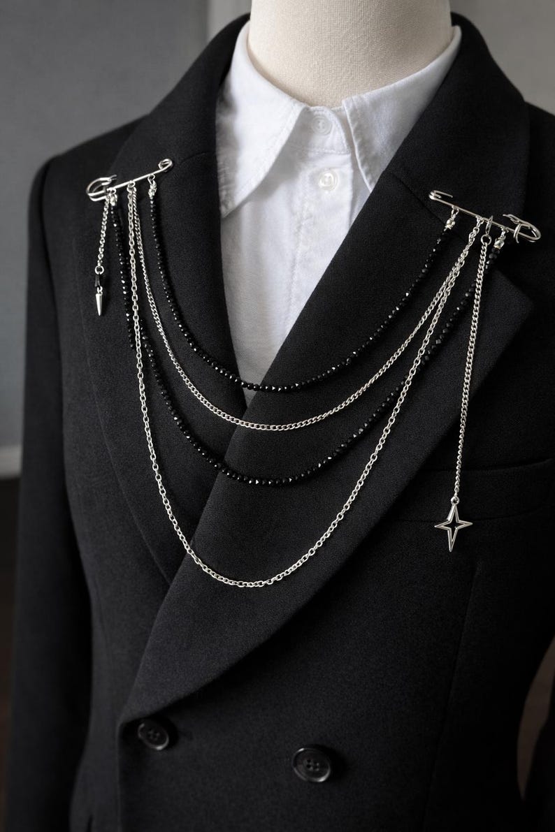 Black Chain Brooch Pin for Blazer, Gothic Safety Pin Brooch With Silver ...