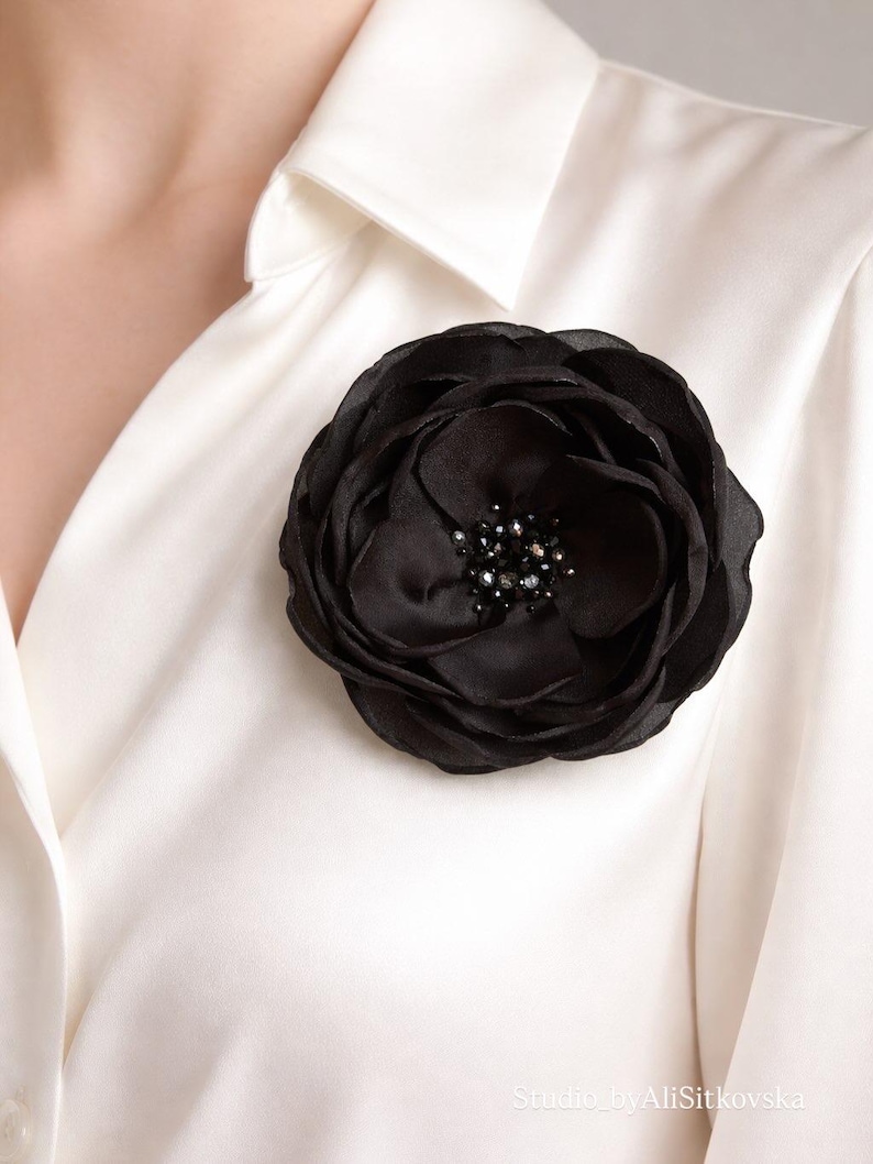 Black Flower Brooch, Elegant Floral Brooch Pin, Handmade Black Flower ...