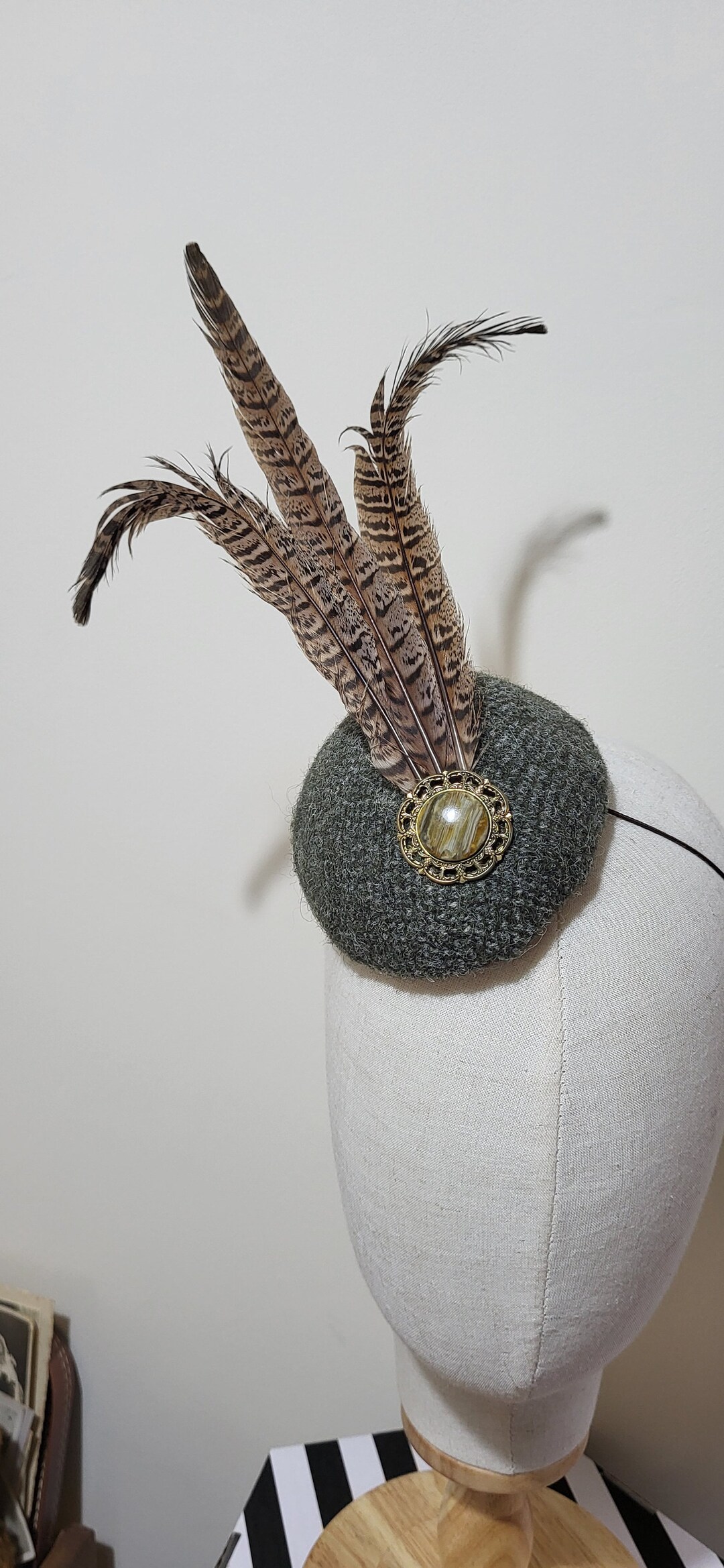 Green, Tweed Fascinator With Pheasant Feathers and Vintage Brooch ...