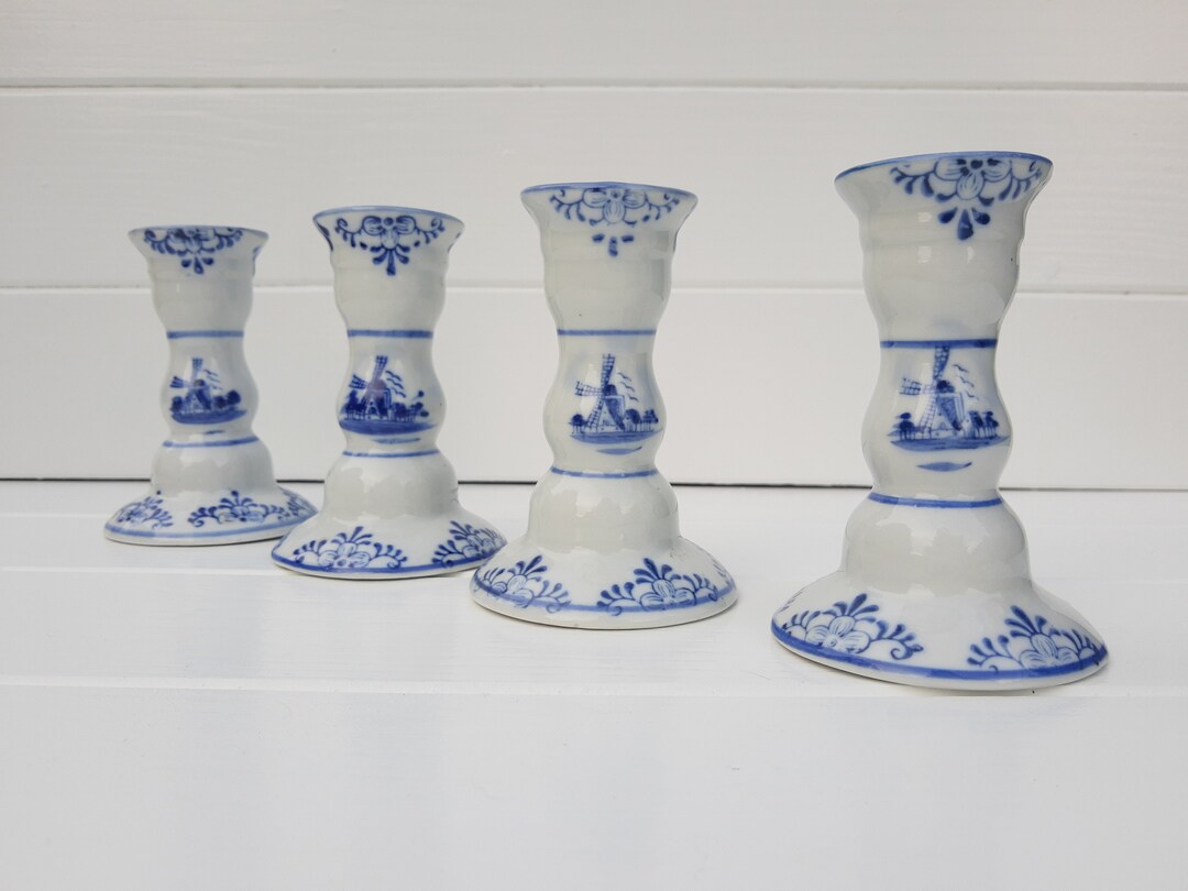 Delft Porcelain Candlestick, Blue Motif With a Windmill, Hand-painted ...