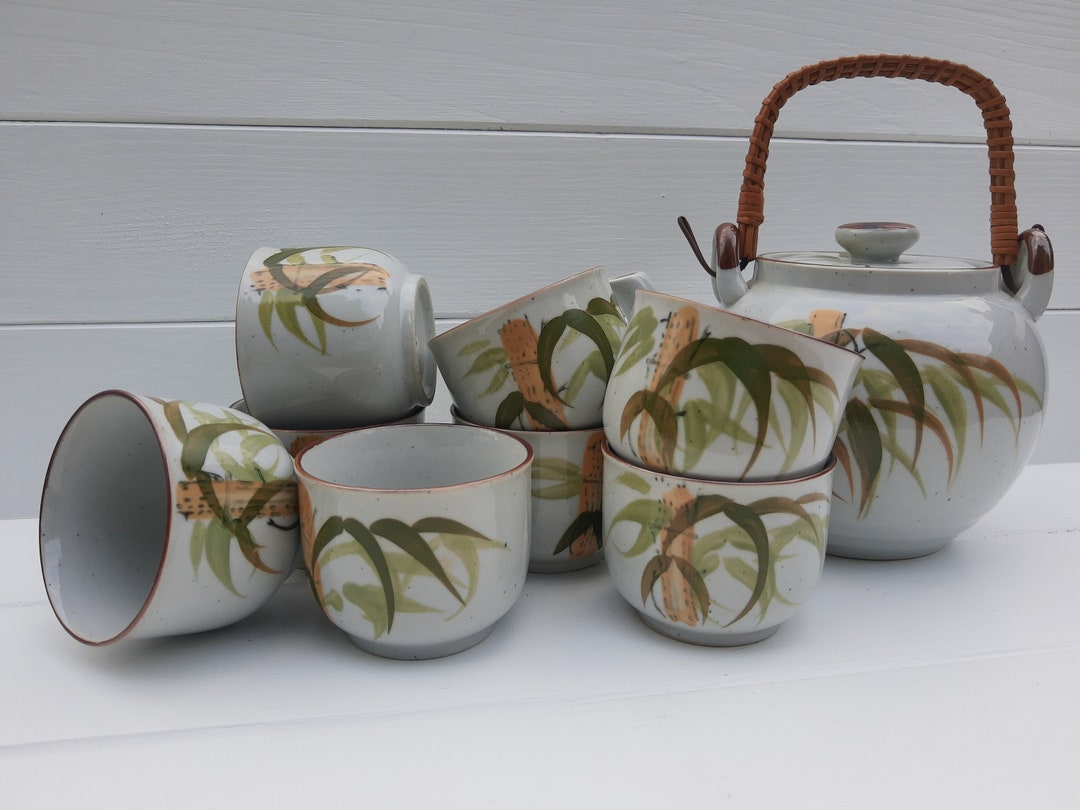 Teapot Service With Bowls, Cups With Bamboo Shoot Vintage Handgemalt ...