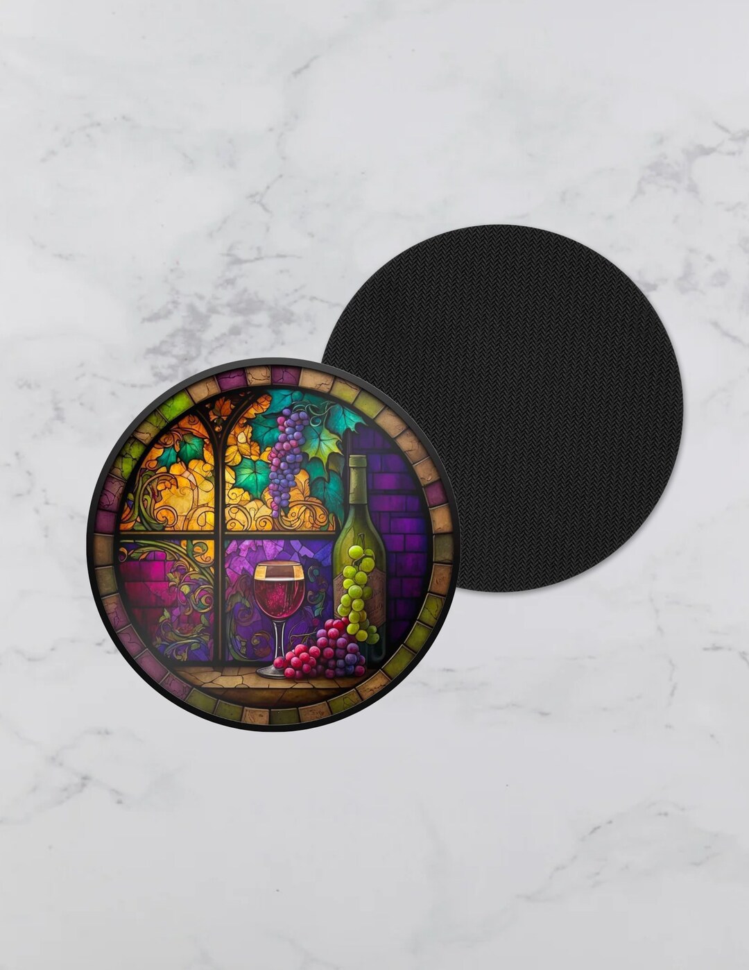 4 Inch Round Wine Bottle Coasters- 2 Pack, Stained Glass, Wine Lover ...