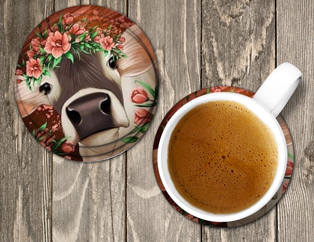 4 Inch Round Cute Cow Coasters 2 Pack, Cow Lover, Fun Gift Idea, Indoor ...