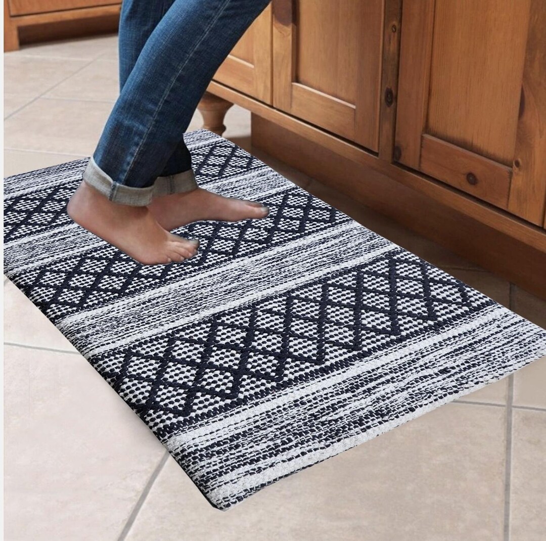 Handwoven Cotton Kitchen Mat – Black & White Geometric, Anti-fatigue - Etsy