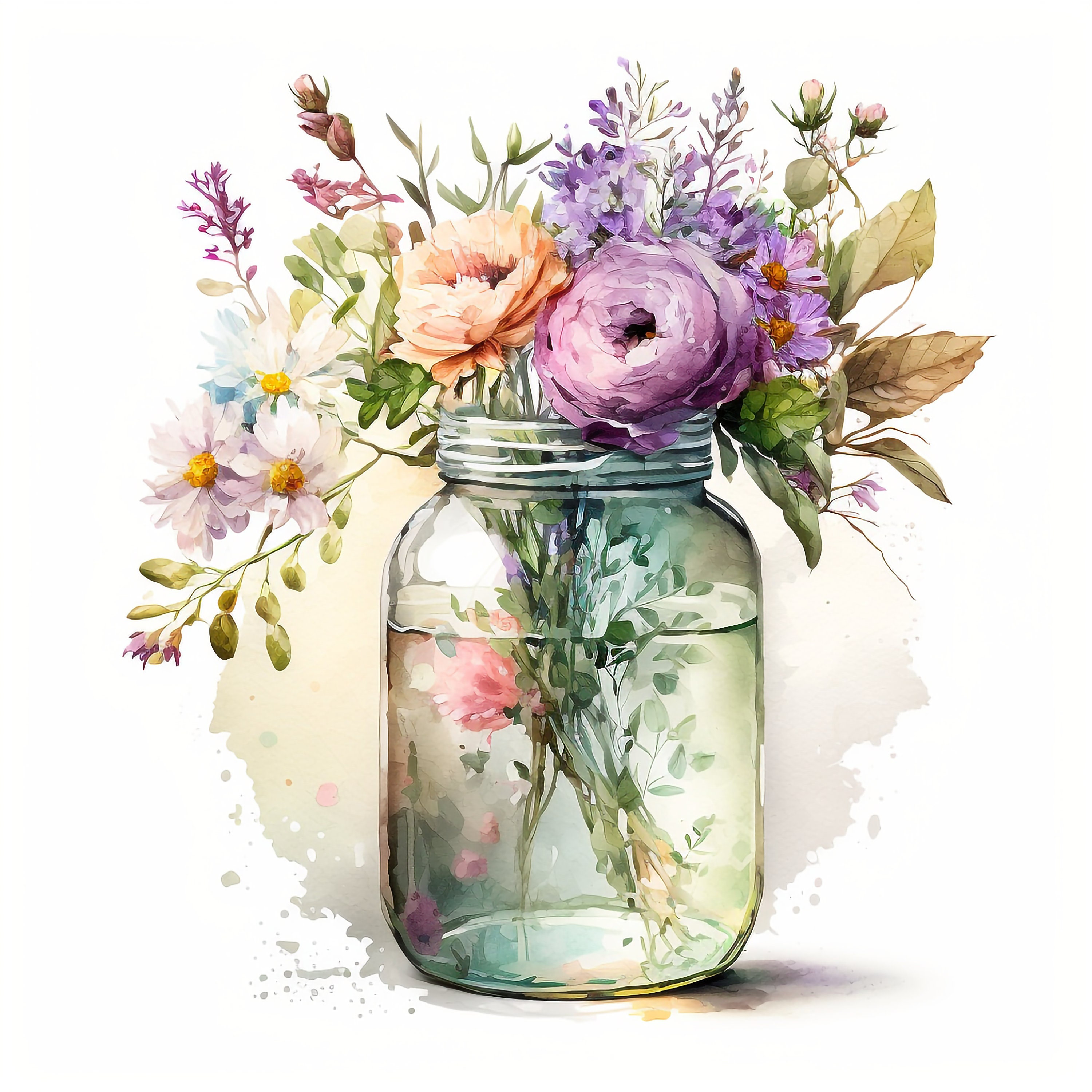 Flower Bouquet in Glass Jar, Digital Print in Watercolor Style. - Etsy