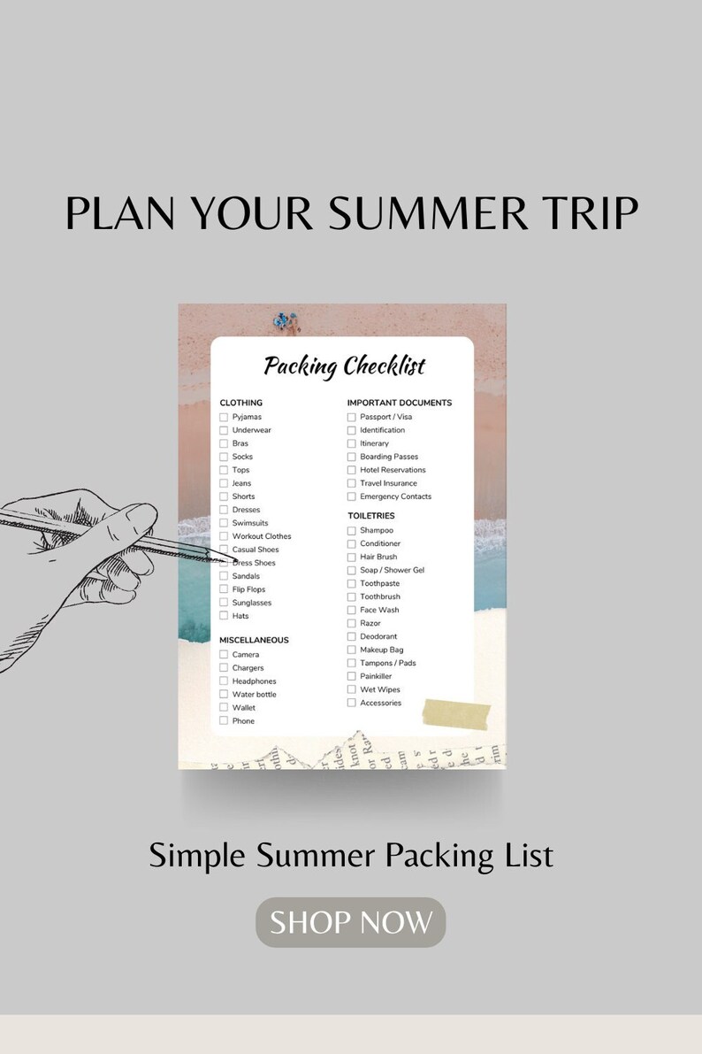Minimalist Printable Summer Travel Packing List Planner / - Etsy