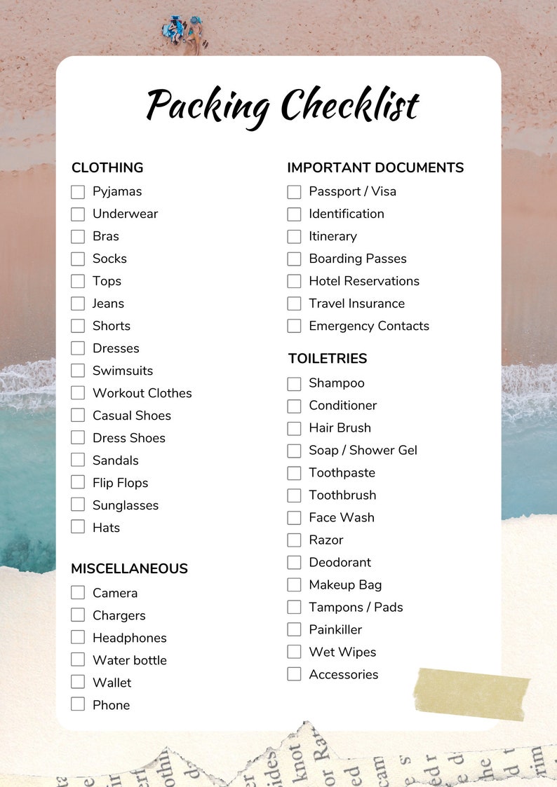 Minimalist Printable Summer Travel Packing List Planner / - Etsy
