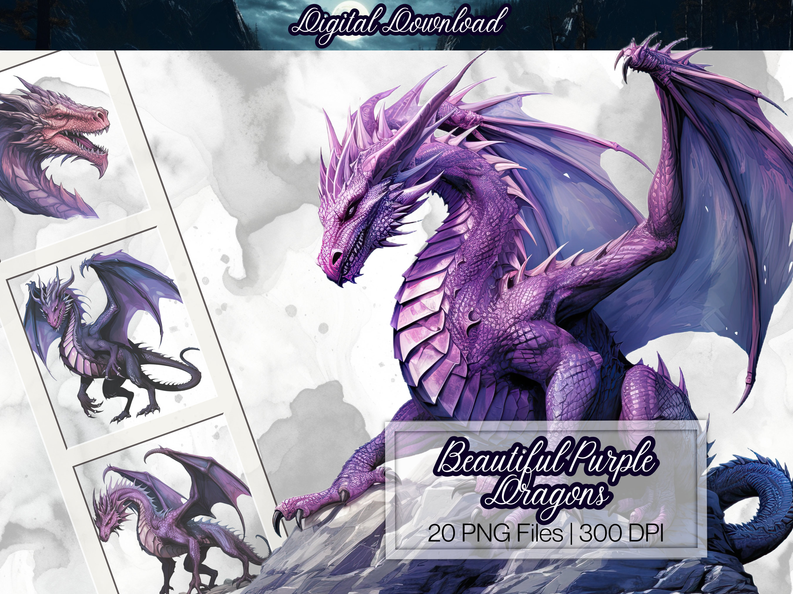 Purple Dragon Clipart, Commercial Use, PNG 300 DPI for Digital Download ...