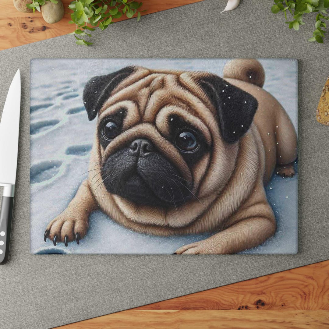 Pug Cutting Board, Pug in Snow Art, Winter Dog Decor, Glass Cutting ...