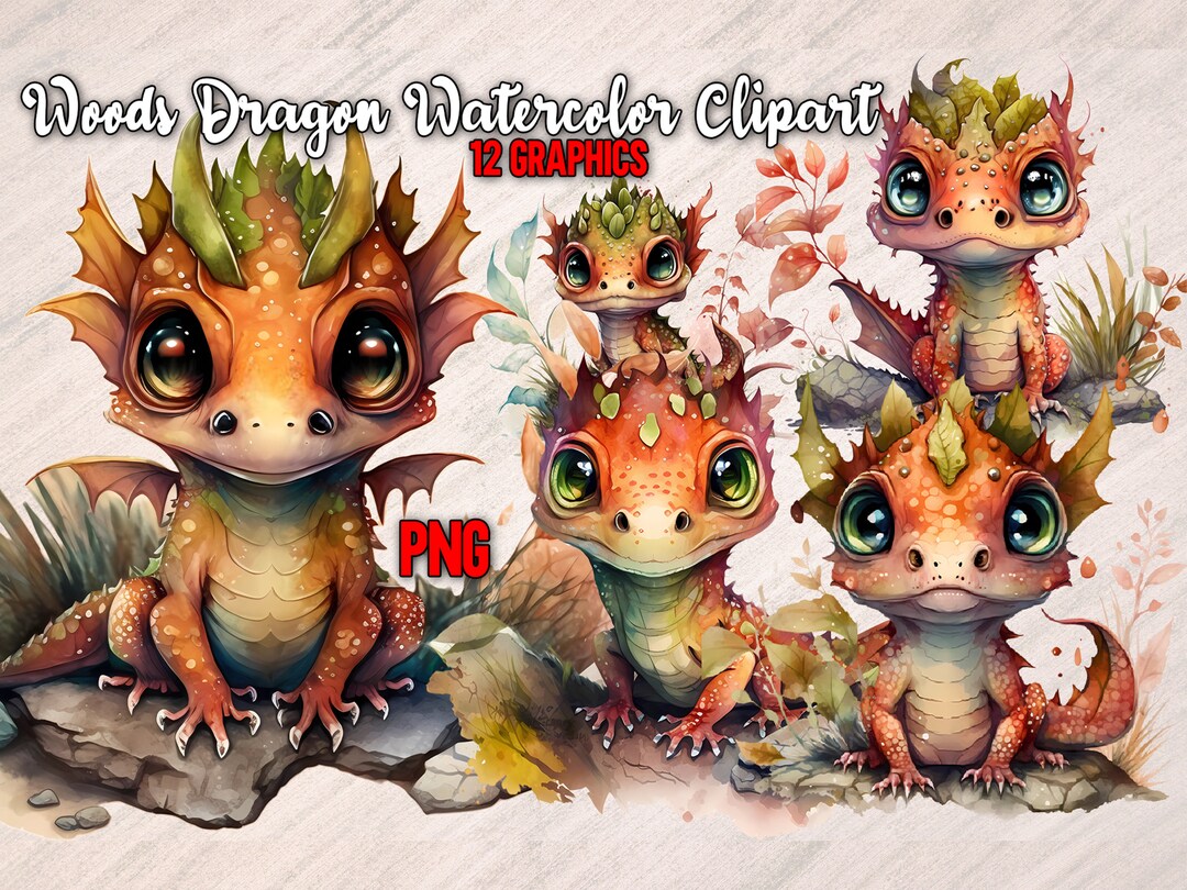 Whimsical Dragon Clipart in Woods Watercolor Fantasy - Etsy