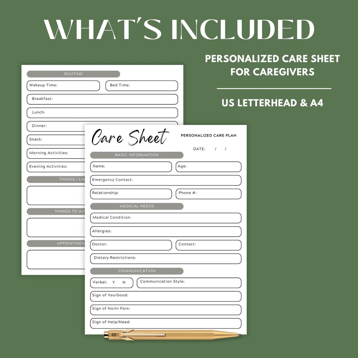 Printable Personalized Care Plan | Caregiver Care Plan Sheet for ...