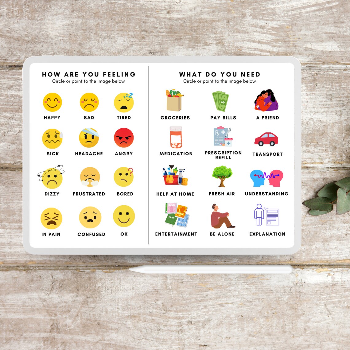 Printable Emotions & Needs Sheet | Pain Scale Sheet | Non-verbal ...