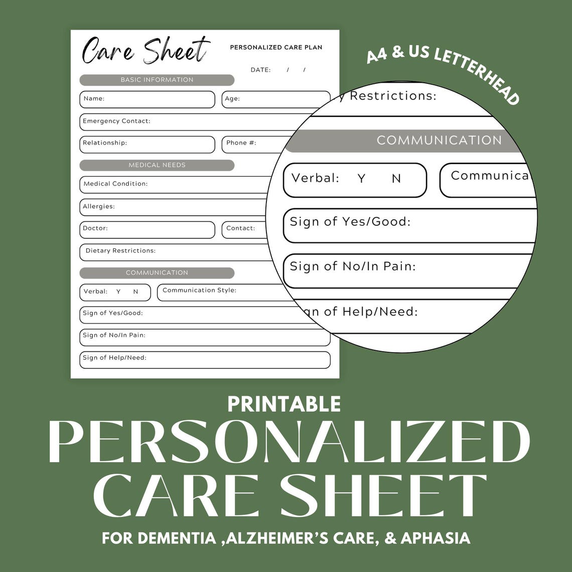 Printable Personalized Care Plan Caregiver Care Plan Sheet for ...