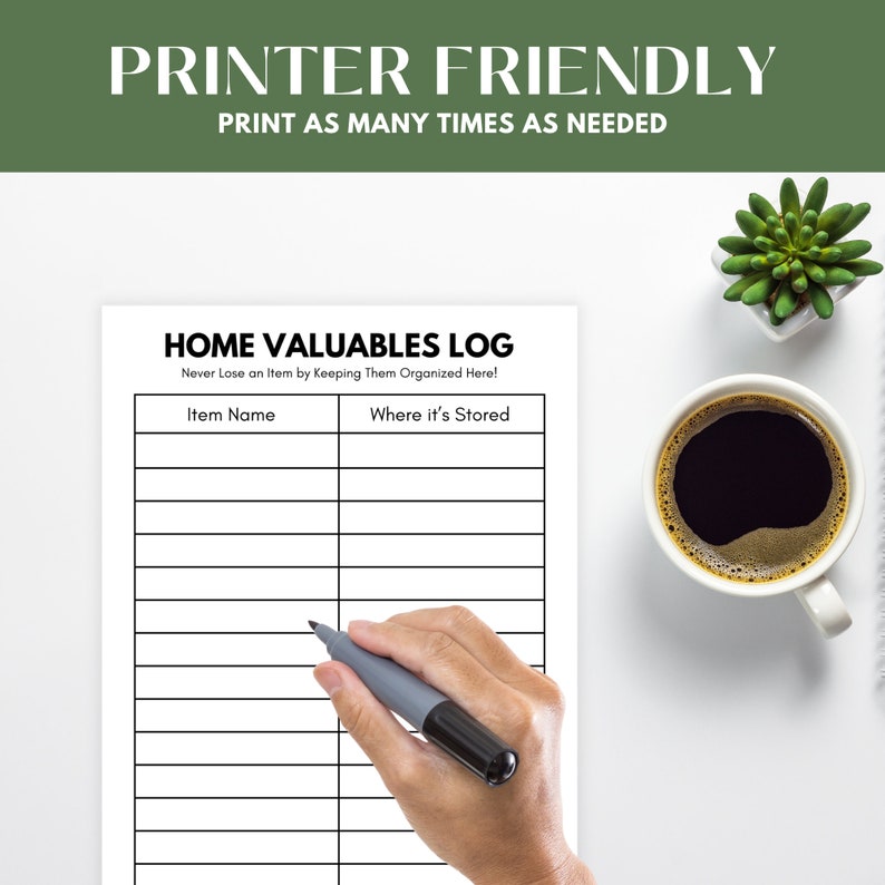 Printable Home Valuables Locator Log: Memory Loss Aid (US Letterhead ...