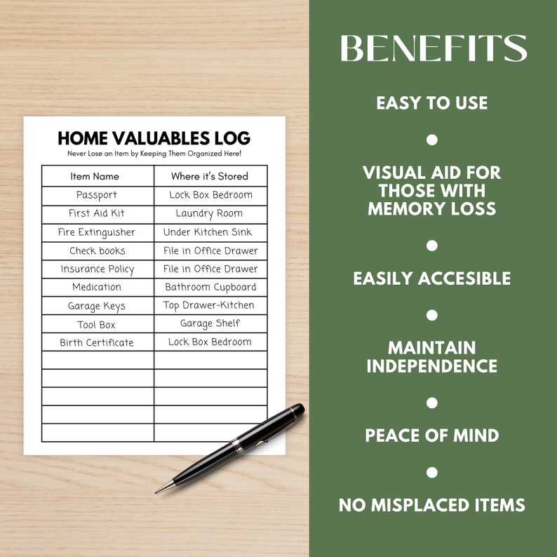 Printable Home Valuables Locator Log: Memory Loss Aid (US Letterhead ...