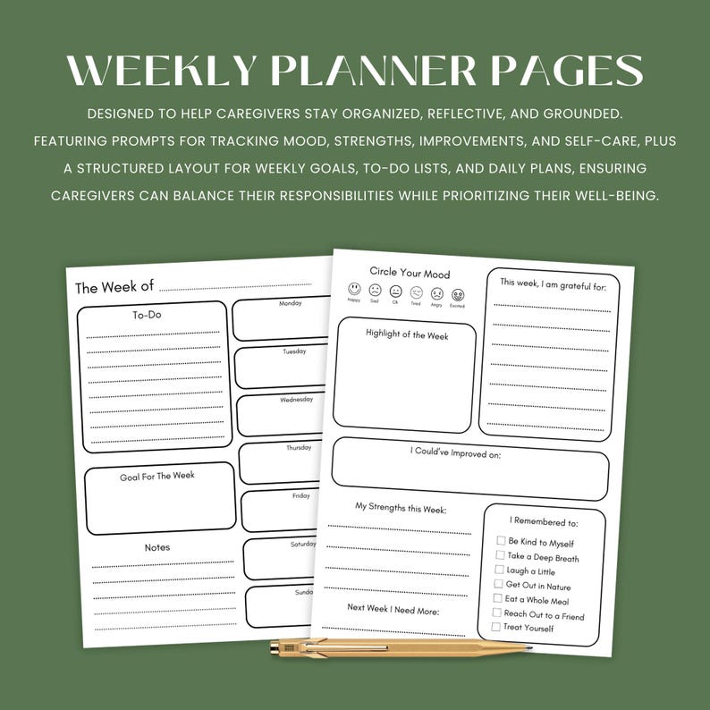 Printable Caregiver Journal & Weekly Planner: Self-care (digital ...
