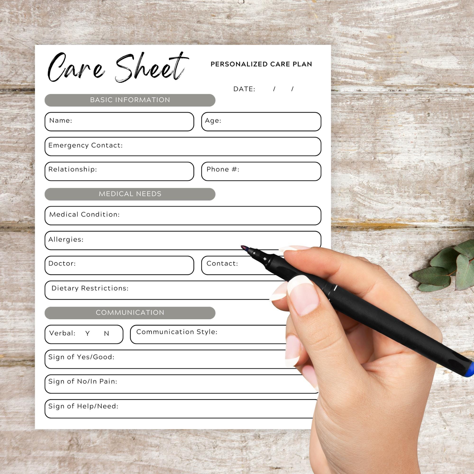 Printable Personalized Care Plan | Caregiver Care Plan Sheet for ...