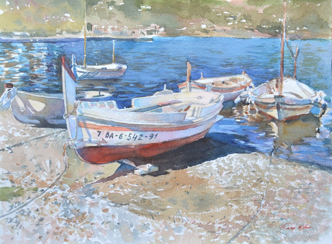 Boats on the Beach. Watercolor. - Etsy