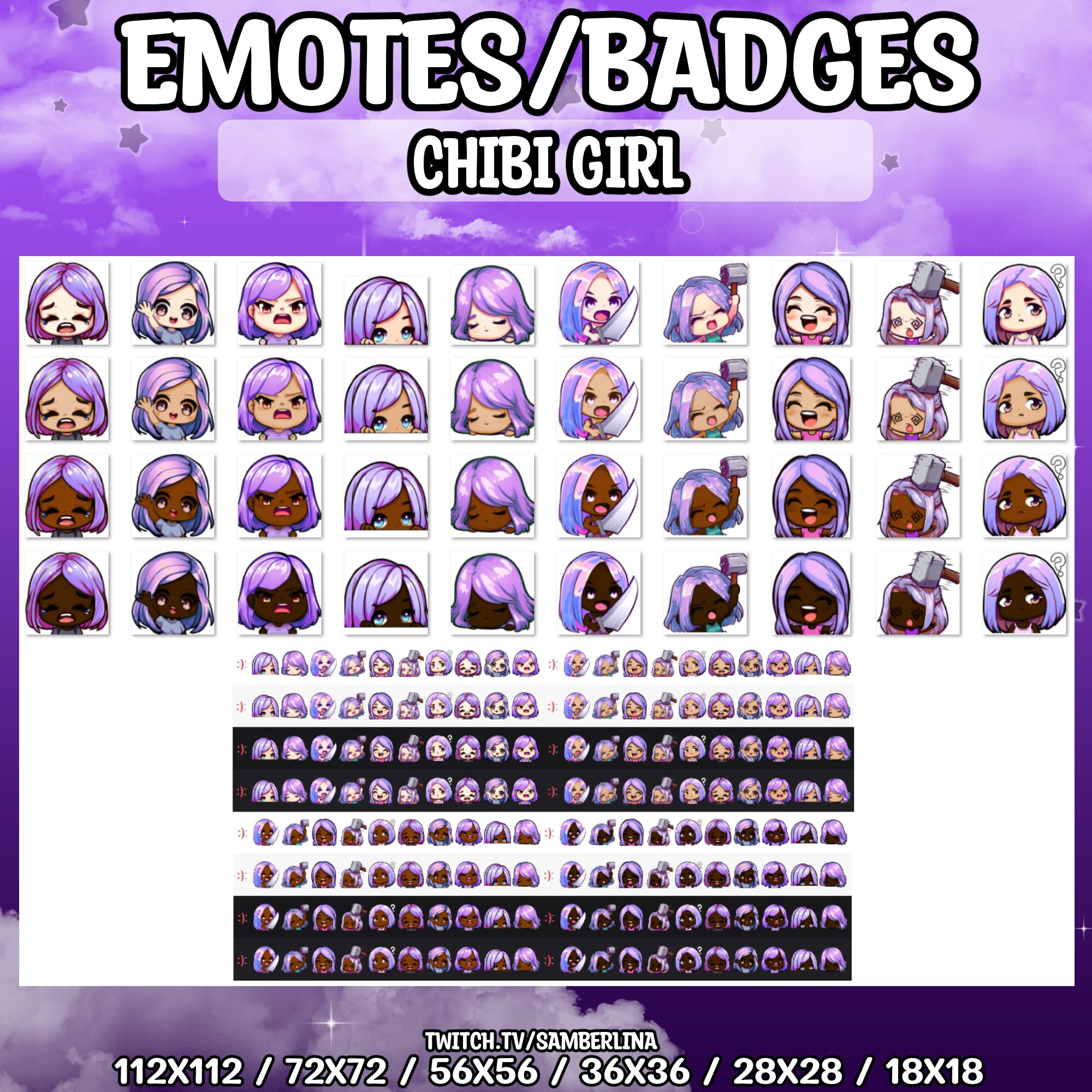 10 Chibi Girl Emotes/badges Bundle Pack Twitch, Youtube, Discord Purple ...